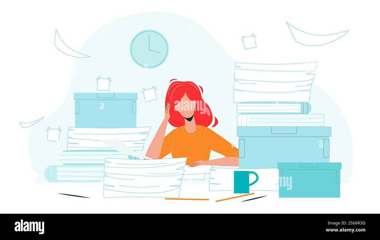 Woman Employee Clutter Office Workplace Black Line Pencil Drawing ...