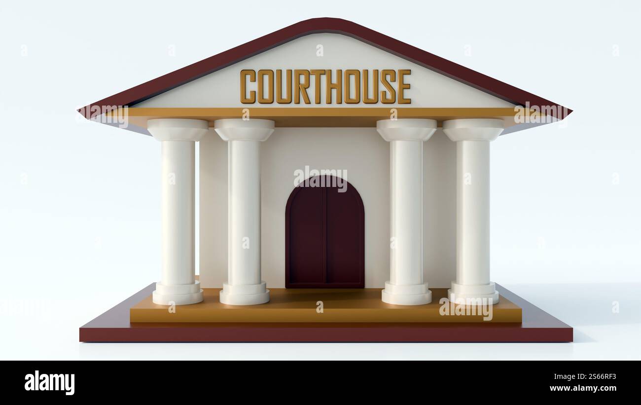 a 3d rendering of stylized, miniature courthouse. It has a simple, symmetrical design ...