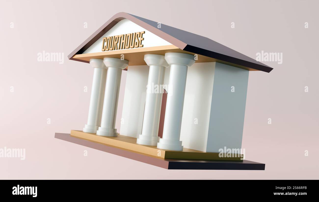 a 3d rendering of stylized, miniature courthouse. It has a simple, symmetrical design ...