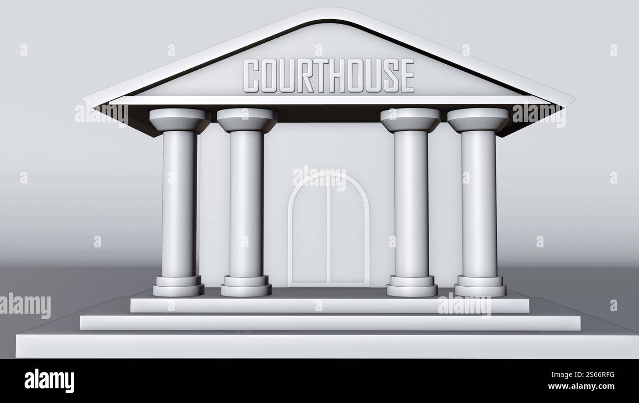 a 3d rendering of stylized, miniature courthouse. It has a simple, symmetrical design ...