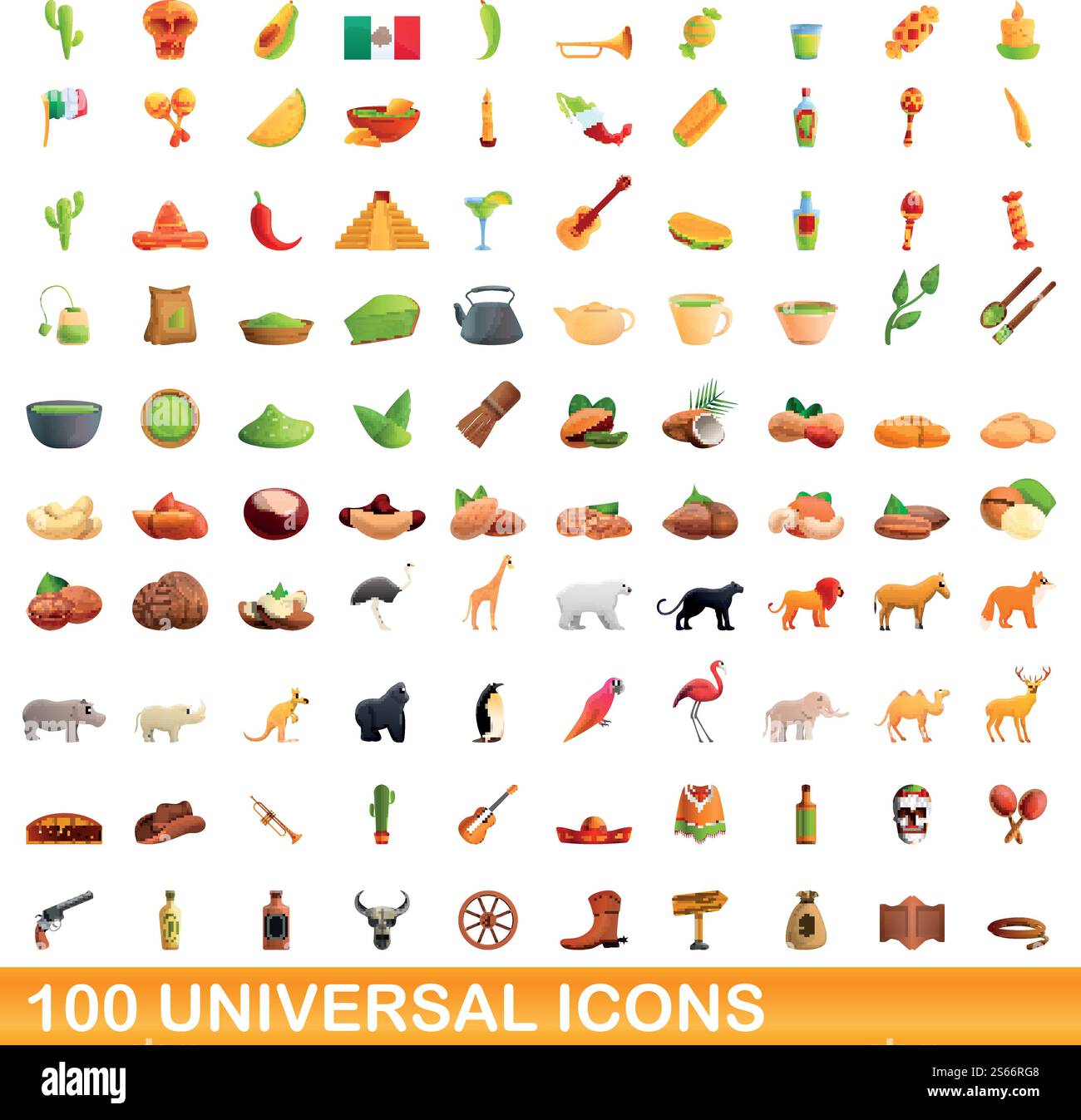 100 universal icons set. Cartoon illustration of 100 universal icons ...