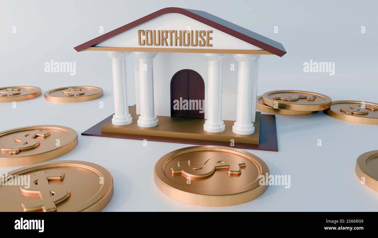 a 3d rendering of stylized, miniature courthouse and scattered gold ...