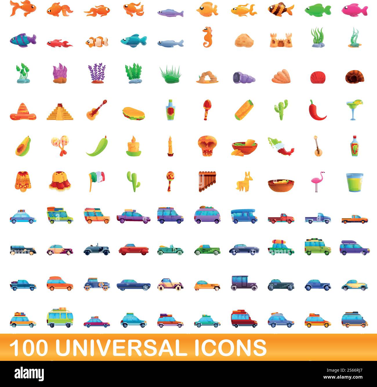 100 universal icons set. Cartoon illustration of 100 universal icons ...