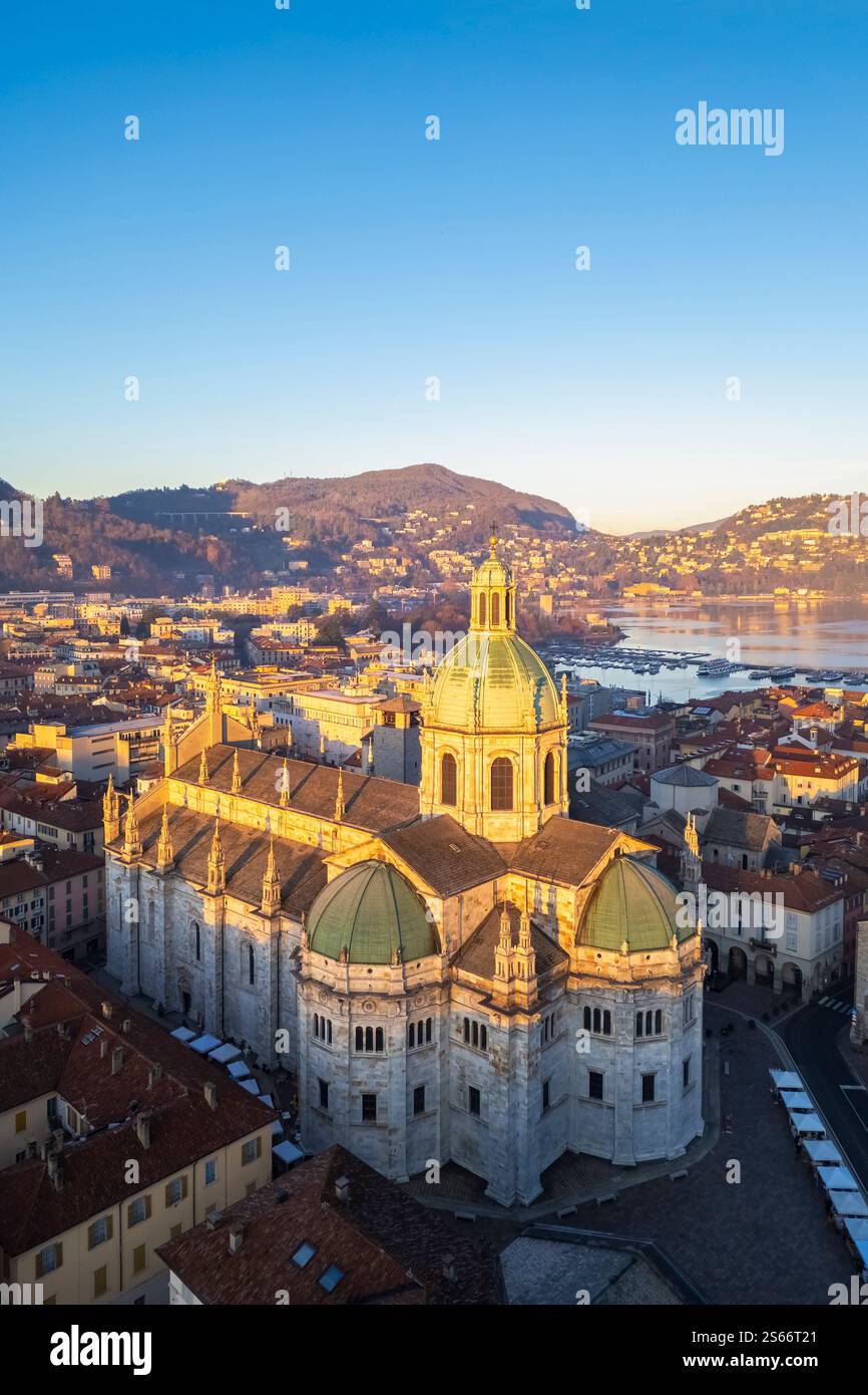 Aerial view of the Como cathedral at sunrise in winter. Como, Lombardy ...