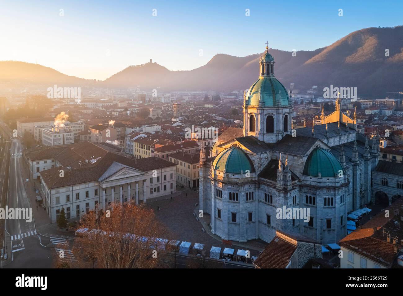 Aerial view of the Como cathedral at sunrise in winter. Como, Lombardy ...