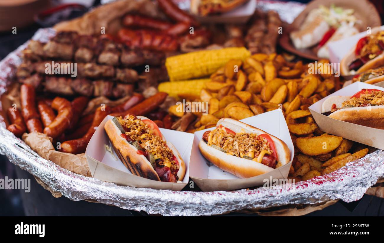 Food festival with food stall kiosk, open-air outdoor fair market ...