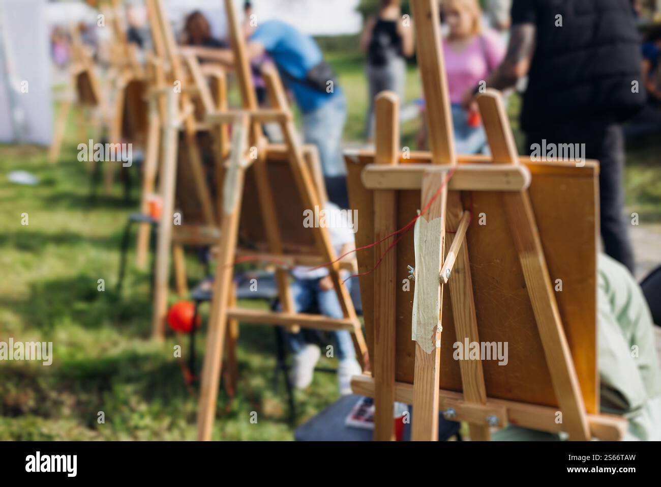 Kids drawing at plein air, group class of talented children with ...
