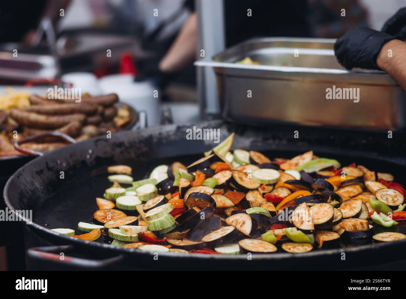 Food festival with street food stall kiosk, open-air outdoor fair ...