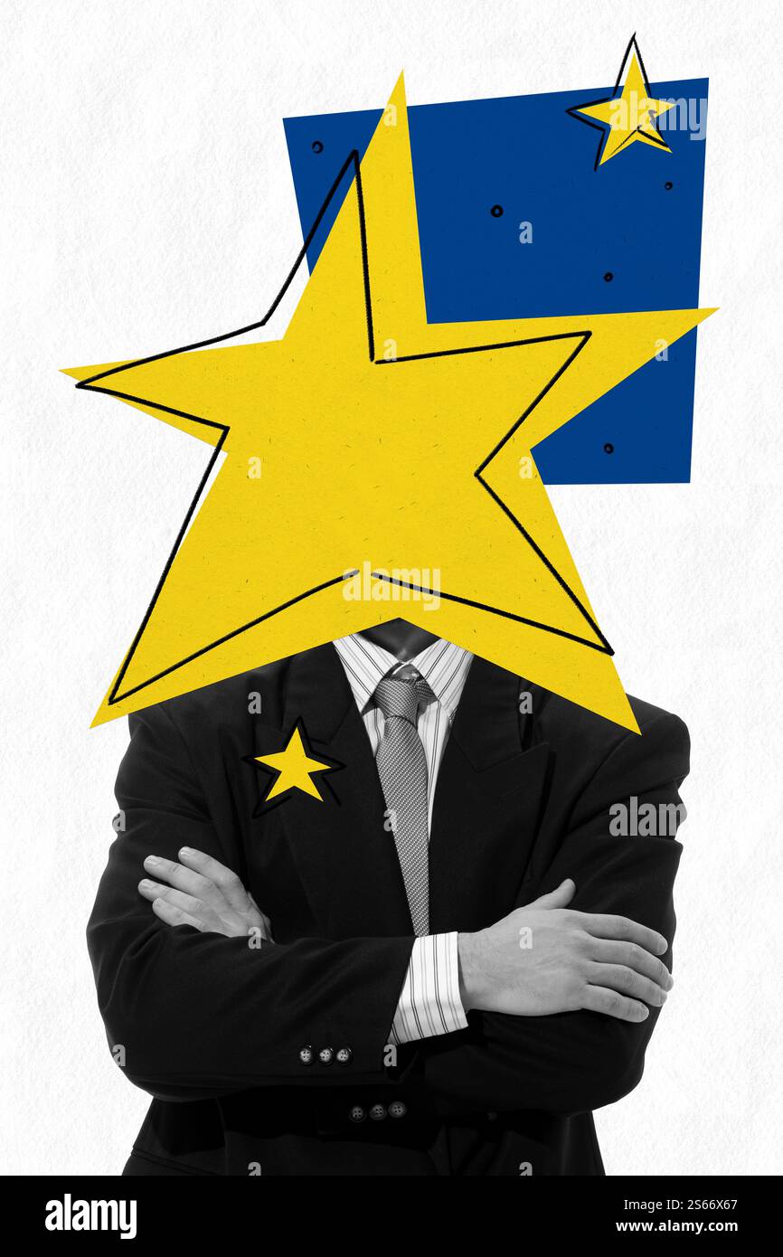 Contemporary art collage. Man in formal attire with yellow star ...