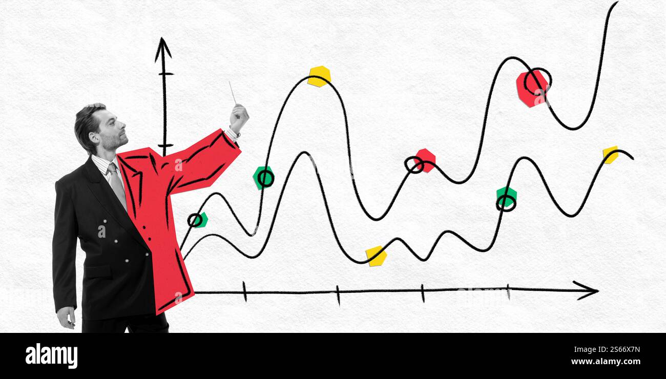 Contemporary art collage. Man in red suit gesturing toward graph with ...