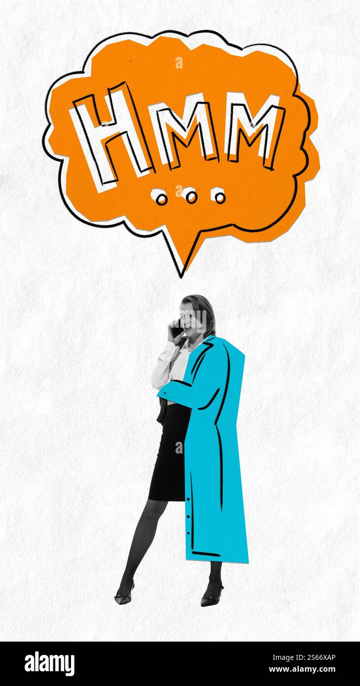 Modern artwork. Thoughtful woman in formal outfit, holding phone, with ...