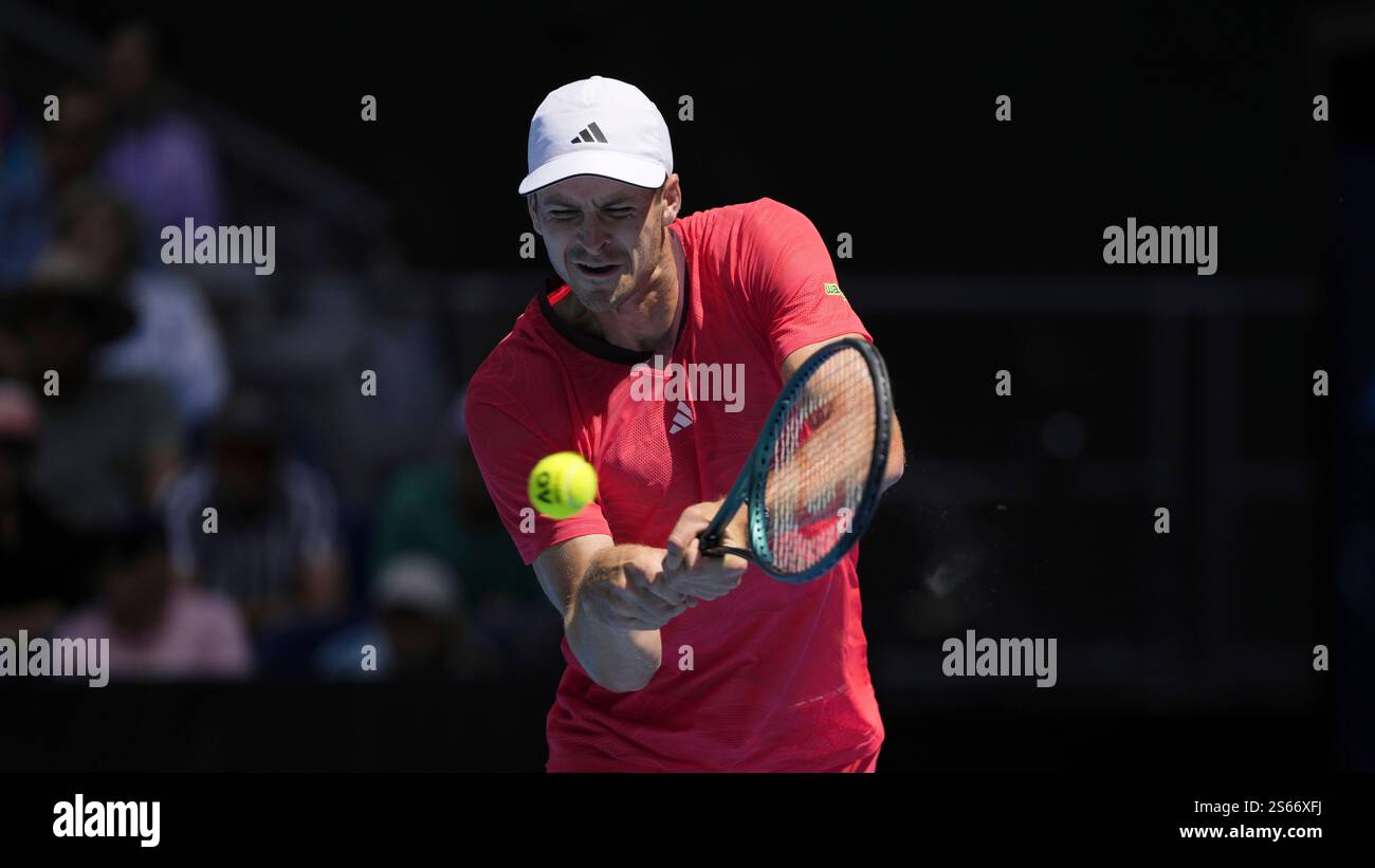 Hubert Hurkacz of Poland plays a backhand return to Miomir Kecmanovic of Serbia during their ...