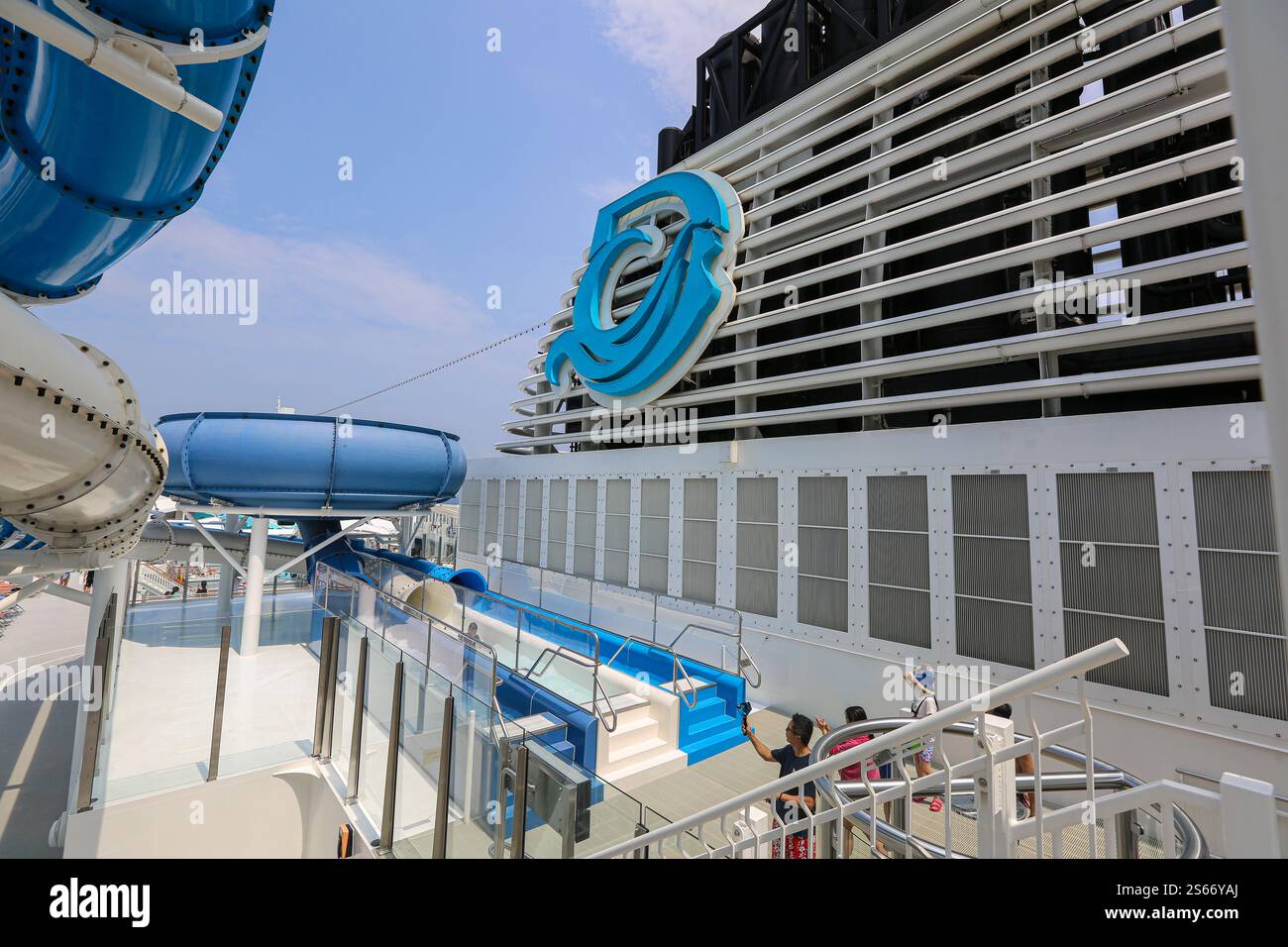 Funnel of the giant cruise ship World Dream & waterslide, slide, aircon, ventilation, logo, blue ...