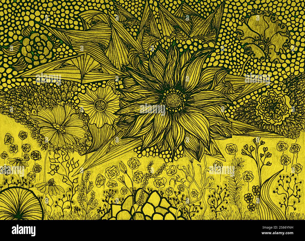 Pen and ink drawing on golden background. The dabbing technique near ...