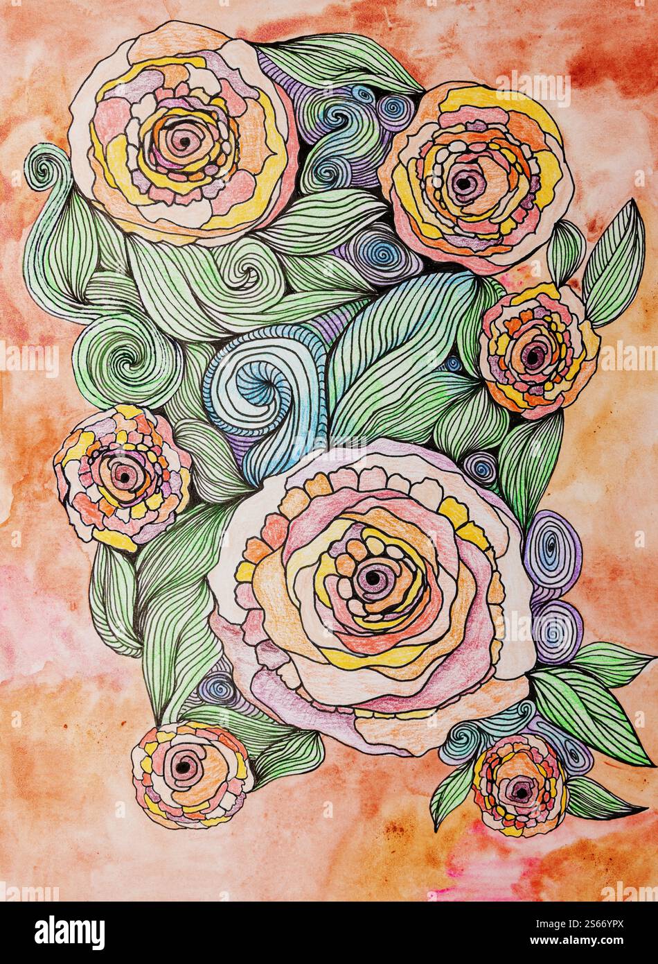 Seven abstract roses, colored abstract drawing. The dabbing technique ...
