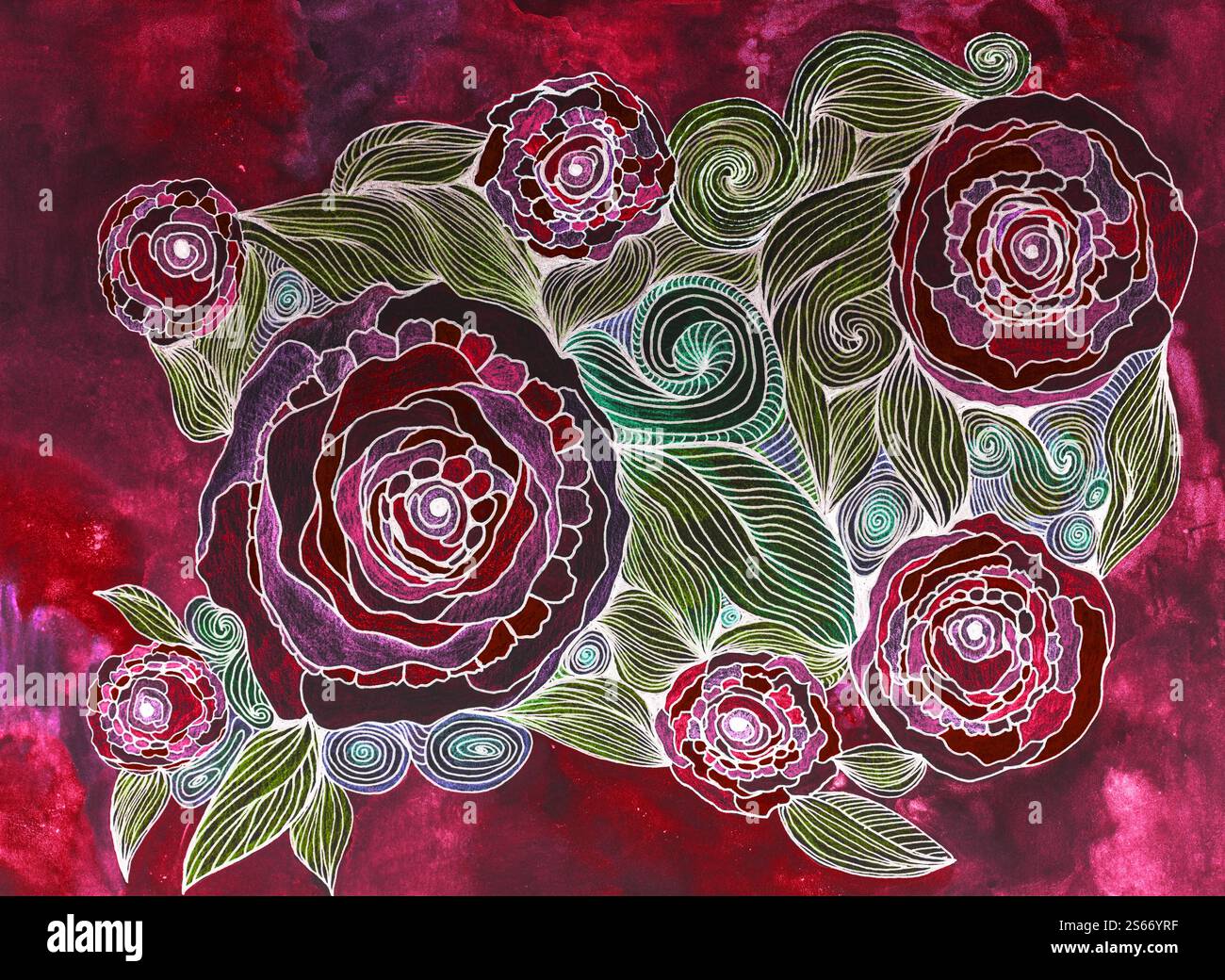 Seven abstract roses with red background. The dabbing technique near ...