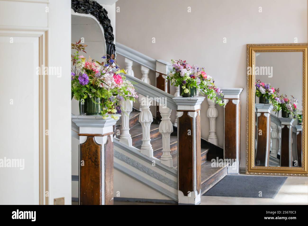 Summer flower arrangement of violet matthiolas, columbines and ...