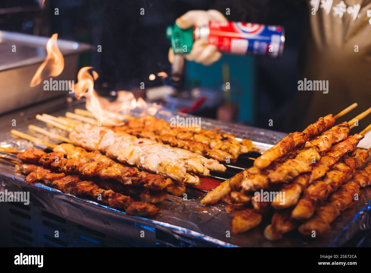 Korean barbecue, Ddakkochi, grilled chicken and pork skewers, variety ...