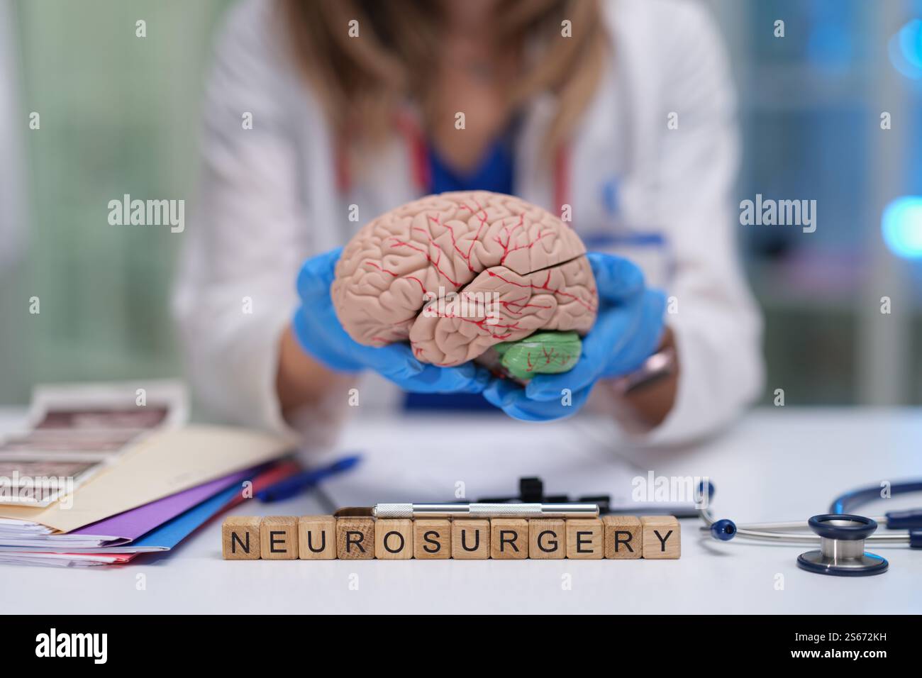The concept of neurosurgery, featuring a brain model within a clinical ...