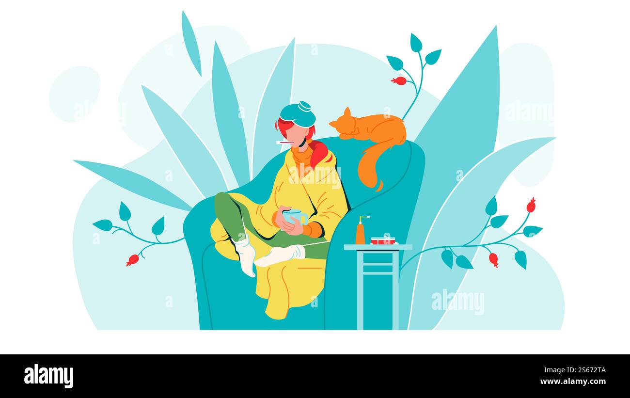 Flu Ill Girl In Armchair With Temperature Black Line Pencil Drawing ...