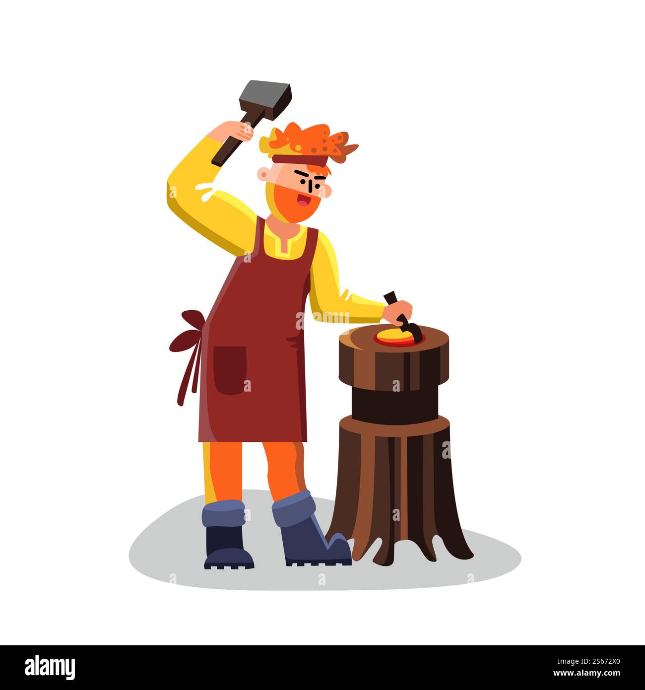 Blacksmith Worker With Hammer Forge Iron Vector. Blacksmith Strong Man With Industrial ...