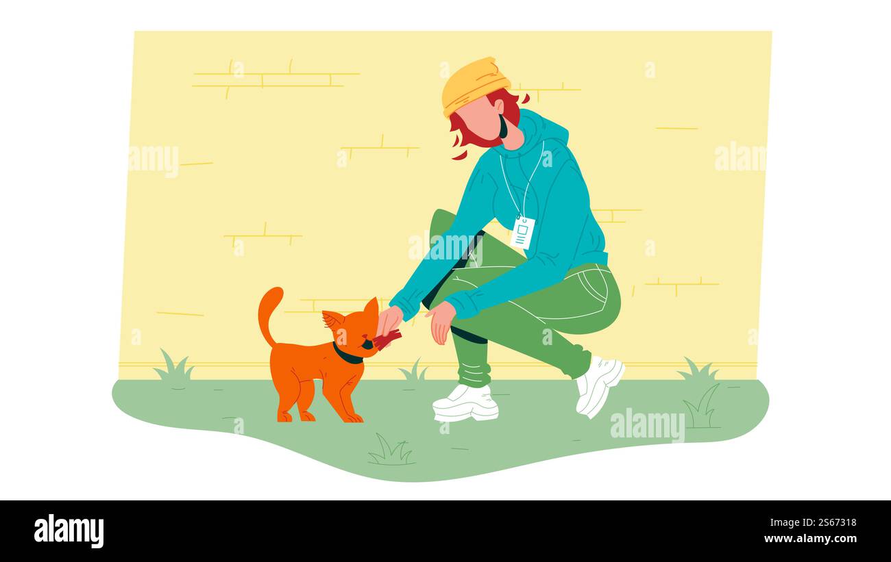 Woman Volunteer Feed Homeless Cat Black Line Pencil Drawing Vector ...