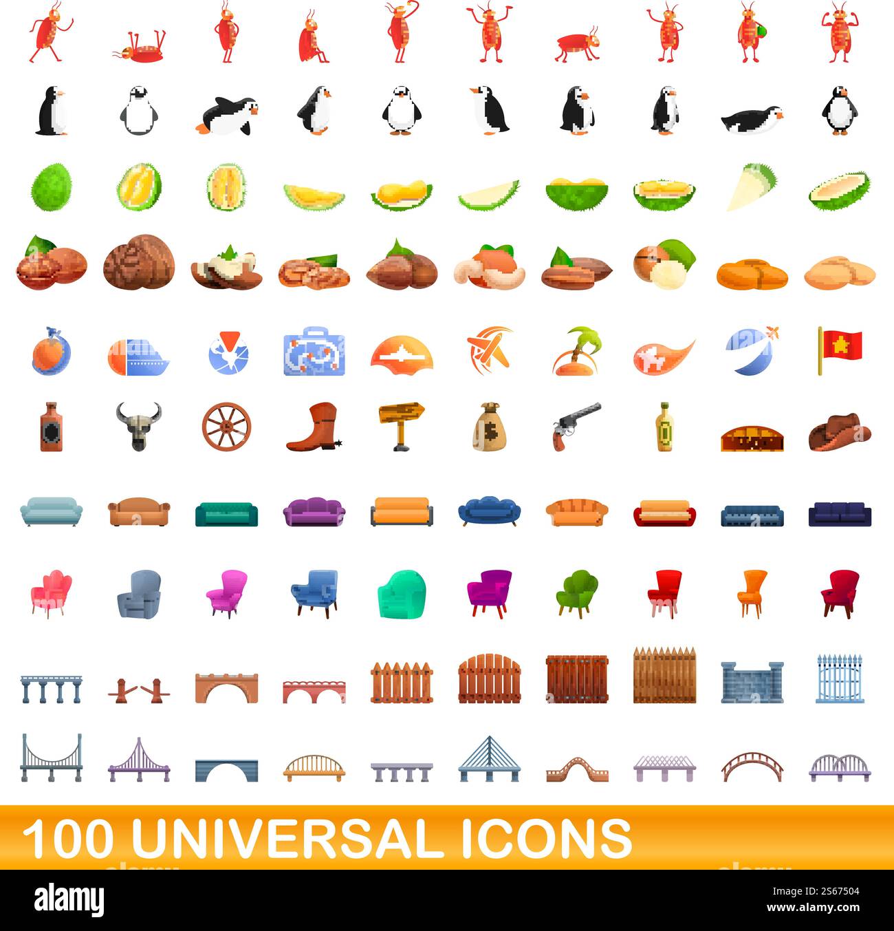 100 universal icons set. Cartoon illustration of 100 universal icons ...