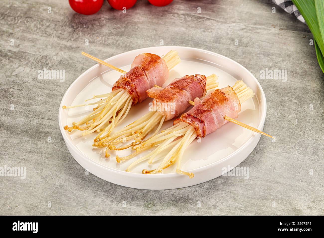 Grilled enoki mushroom with bacon roll wrap Stock Photo - Alamy