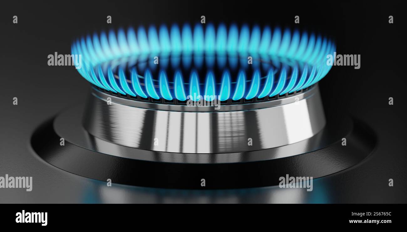 Single propane butane gas burner with blue flames - 3D illustration ...