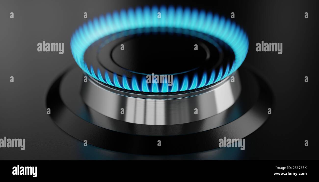 Single propane butane gas burner with blue flames - 3D illustration ...