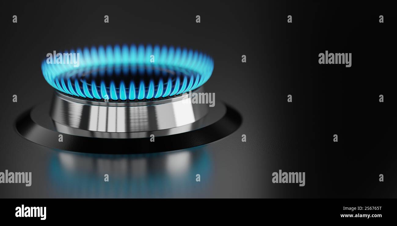 Single propane butane gas burner with blue flames - 3D illustration ...