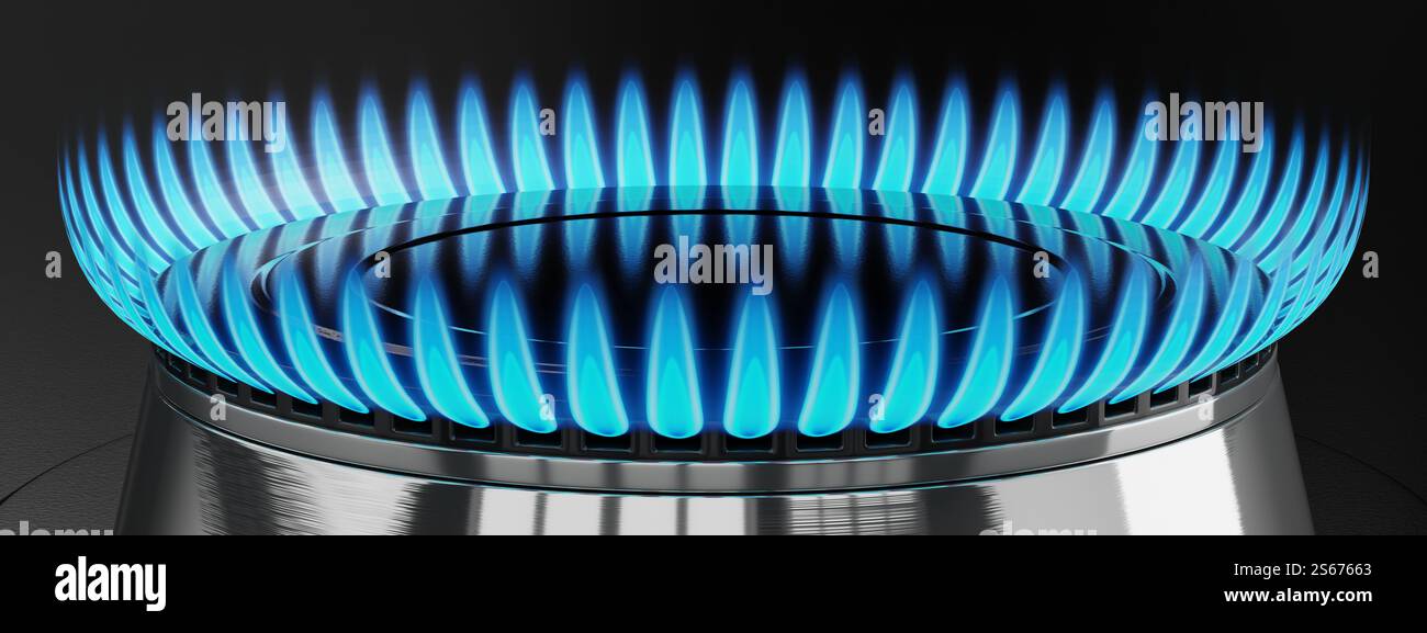 Single propane butane gas burner with blue flames - 3D illustration ...