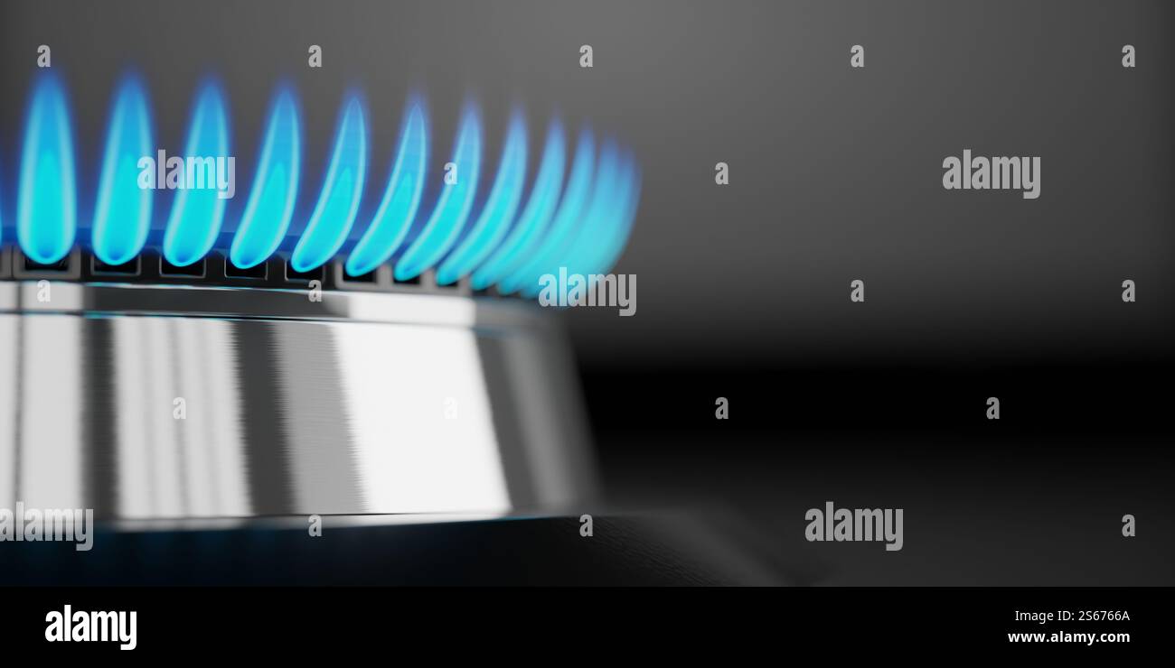 Single propane butane gas burner with blue flames - 3D illustration ...
