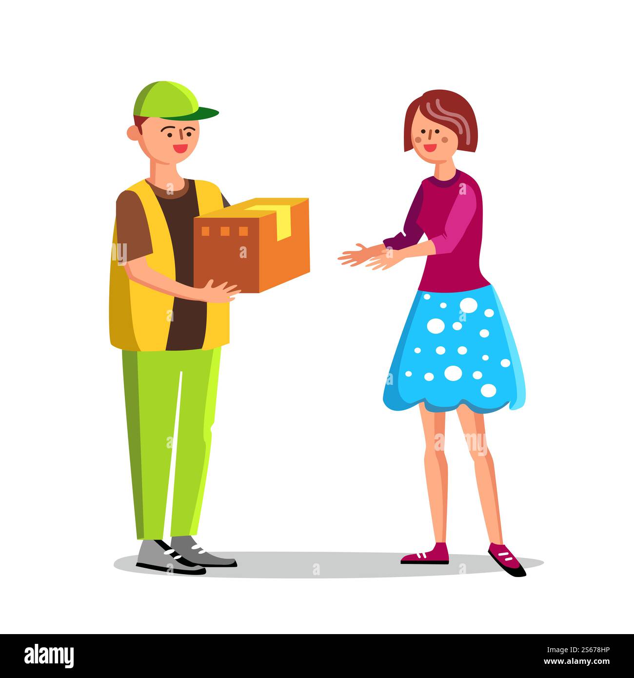 Courier Delivering Carton Box To Woman Vector. Character Deliver Boy ...