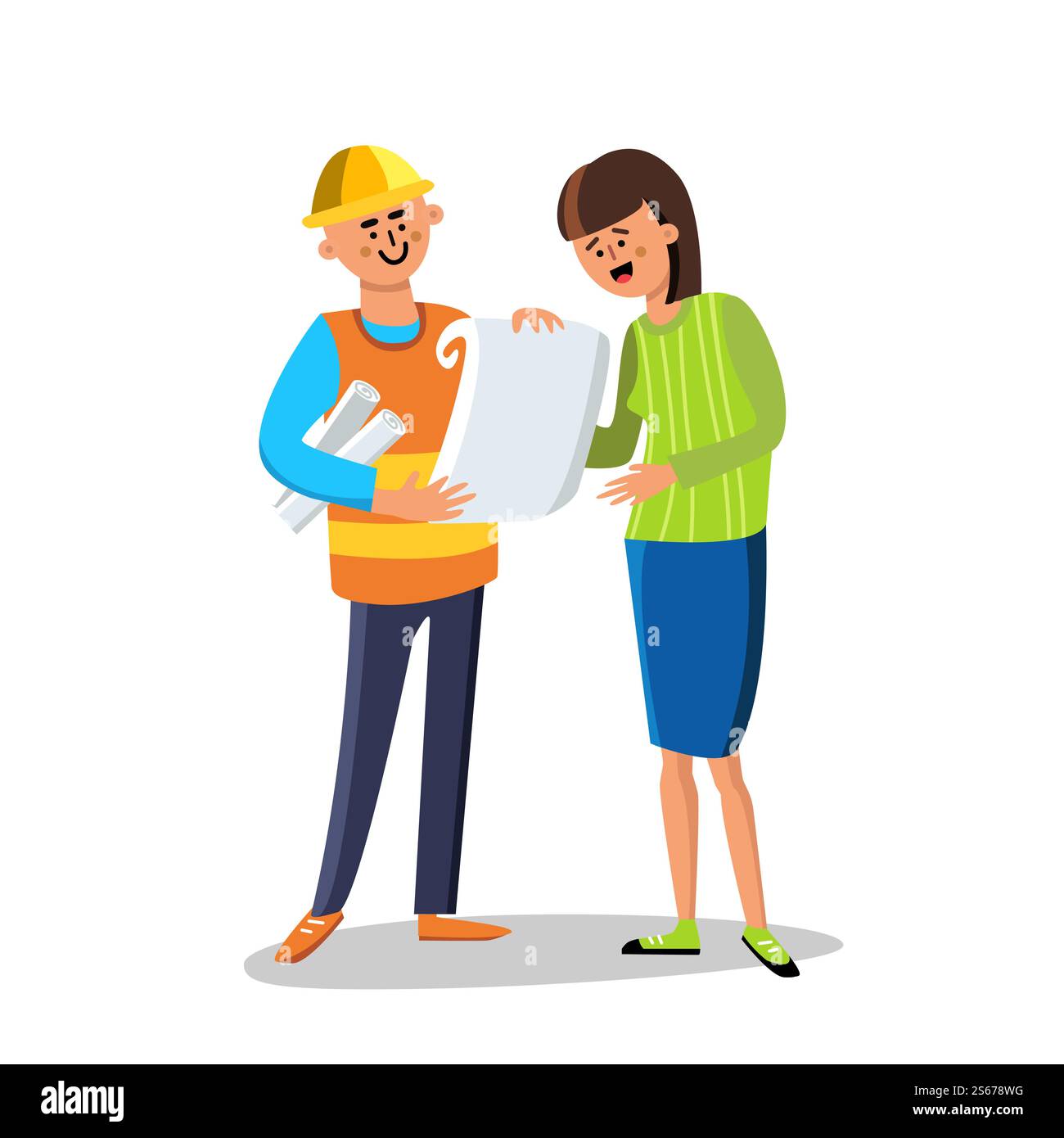 Engineer Builder Discussing With Woman Vector. Character Builder Man ...