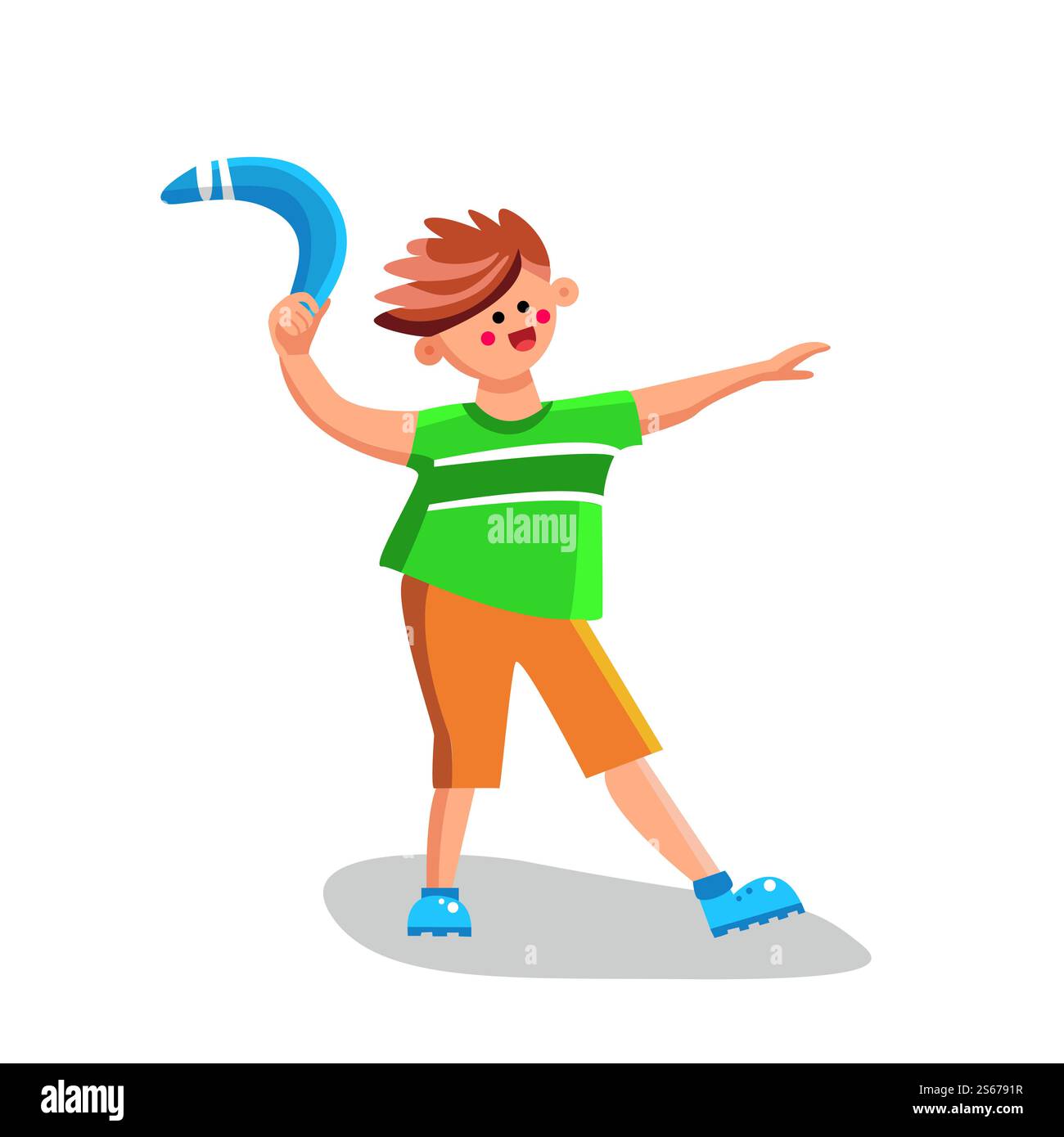 Boy Throwing Boomerang Playing Equipment Vector. Happy Smiling Little ...