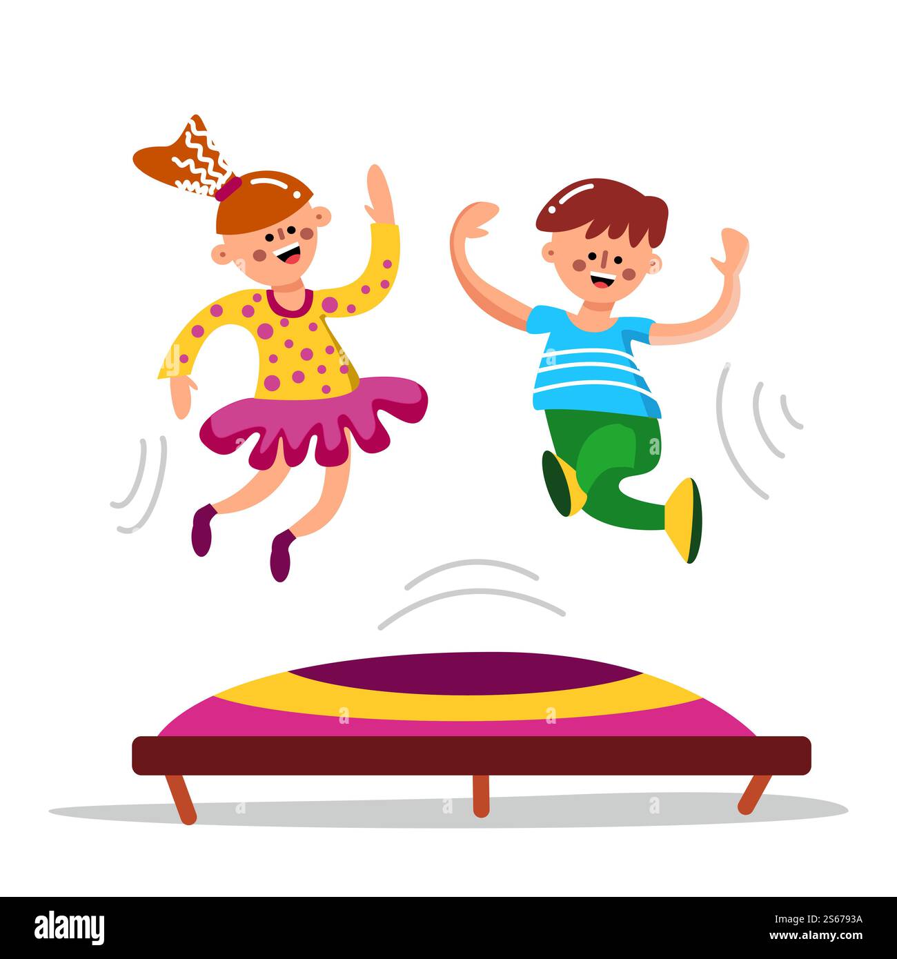 Happy Cute Children Jumping On Trampoline Vector. Characters Smiling ...