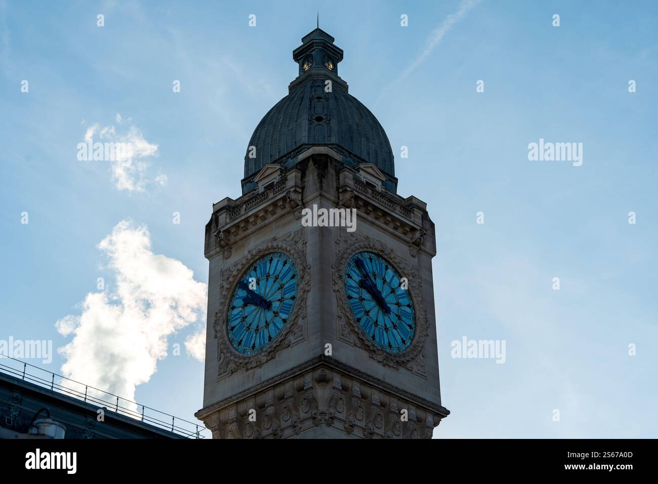 Historic clock tower stands majestically against a clear blue sky Stock ...