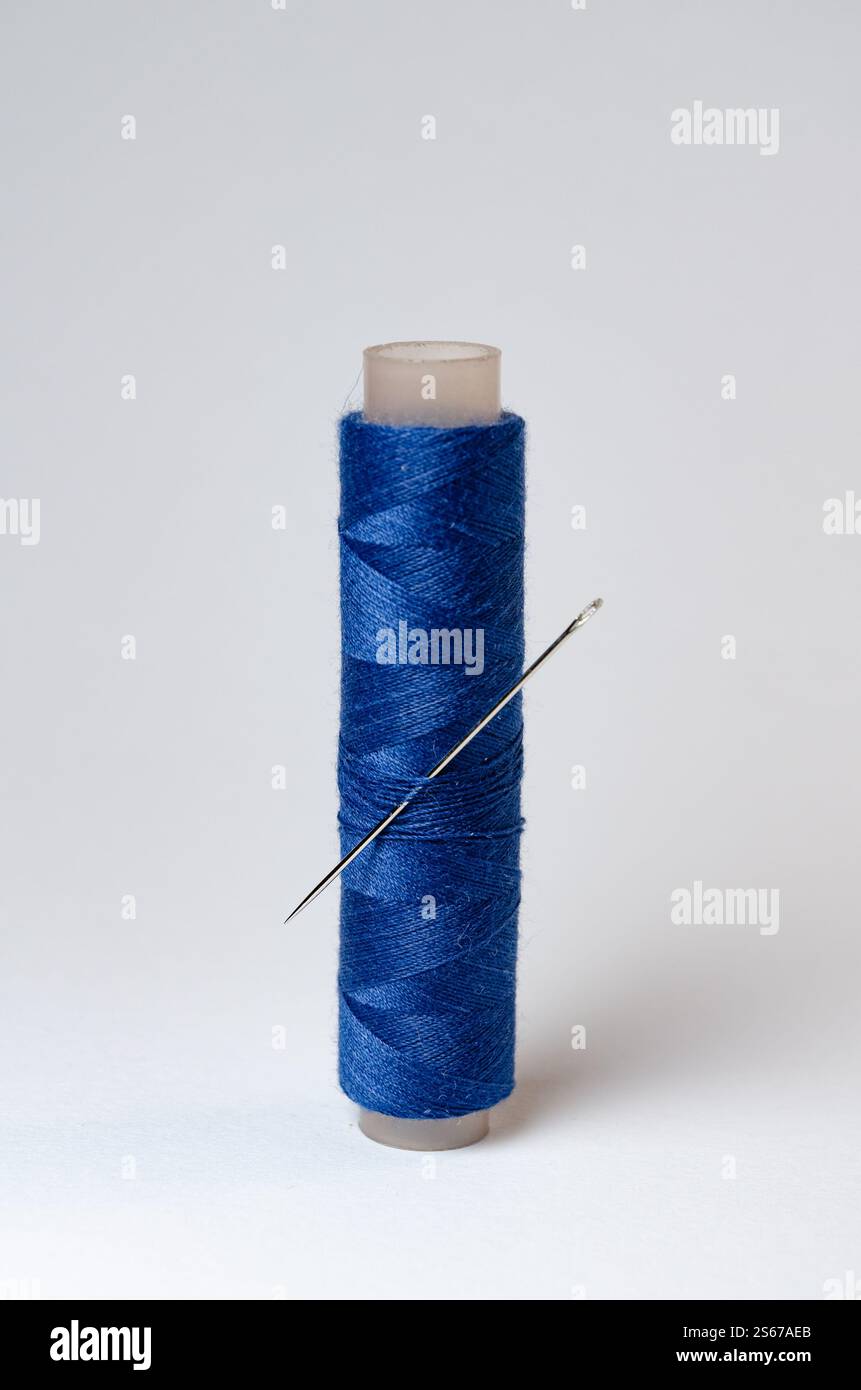 One single dark blue thread spool with needle on white background Stock ...