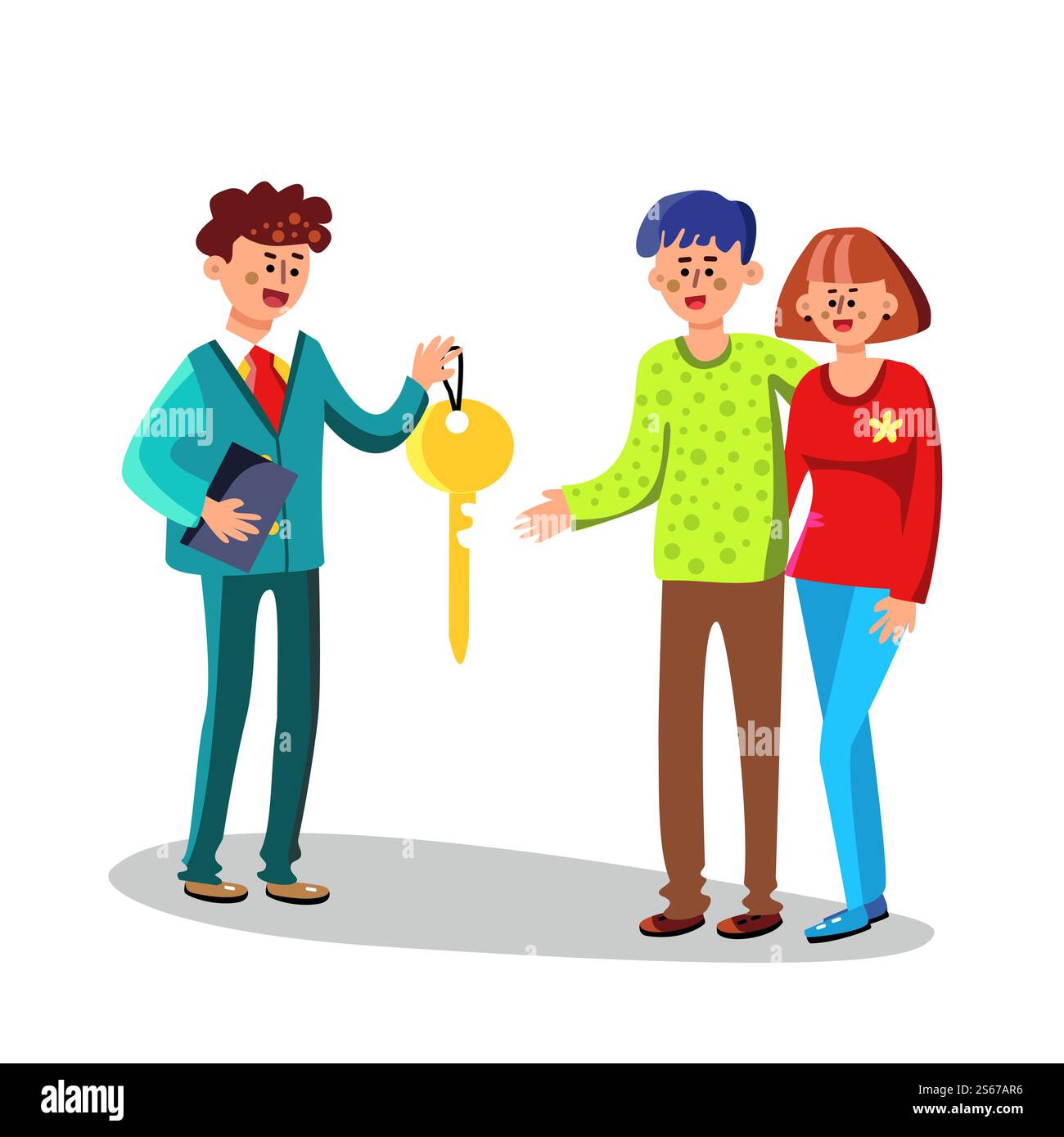 Realtor Giving House Key To New Owners Vector. Character Agent Holding ...