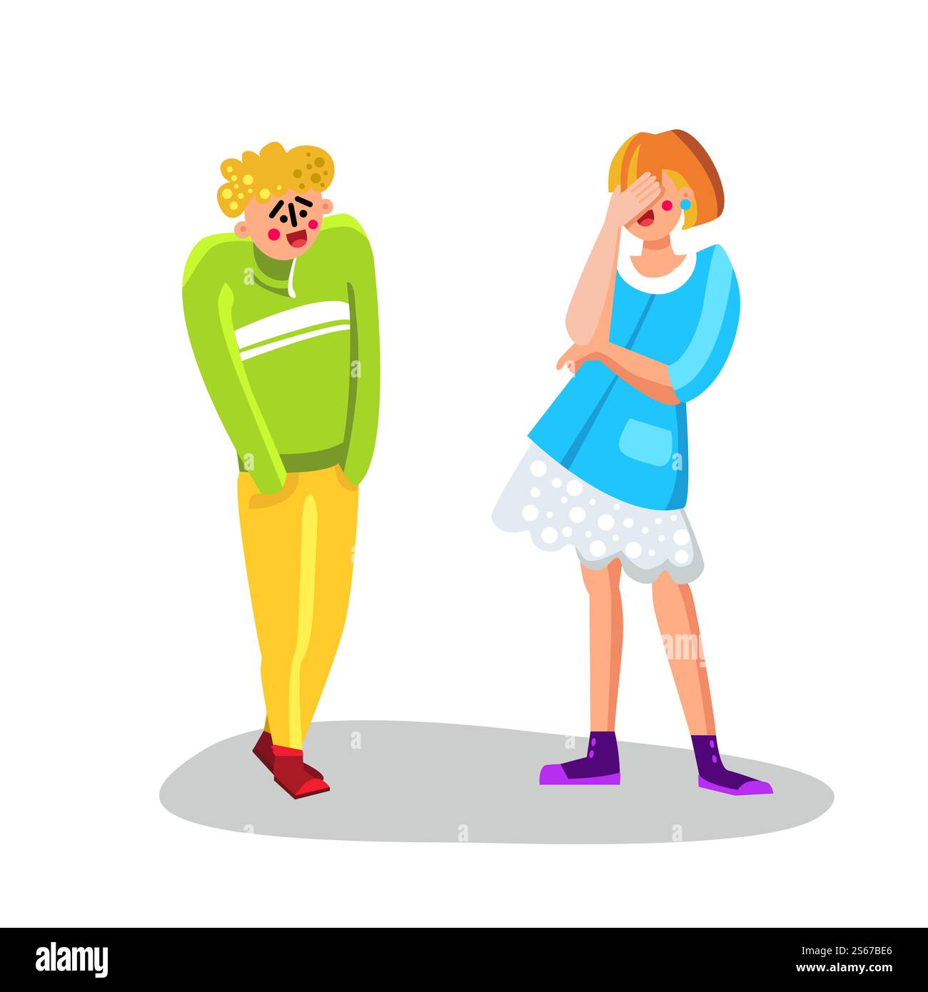 Embarrassed Man And Laughing Young Girl Vector. Embarrassed Smiling Boy ...