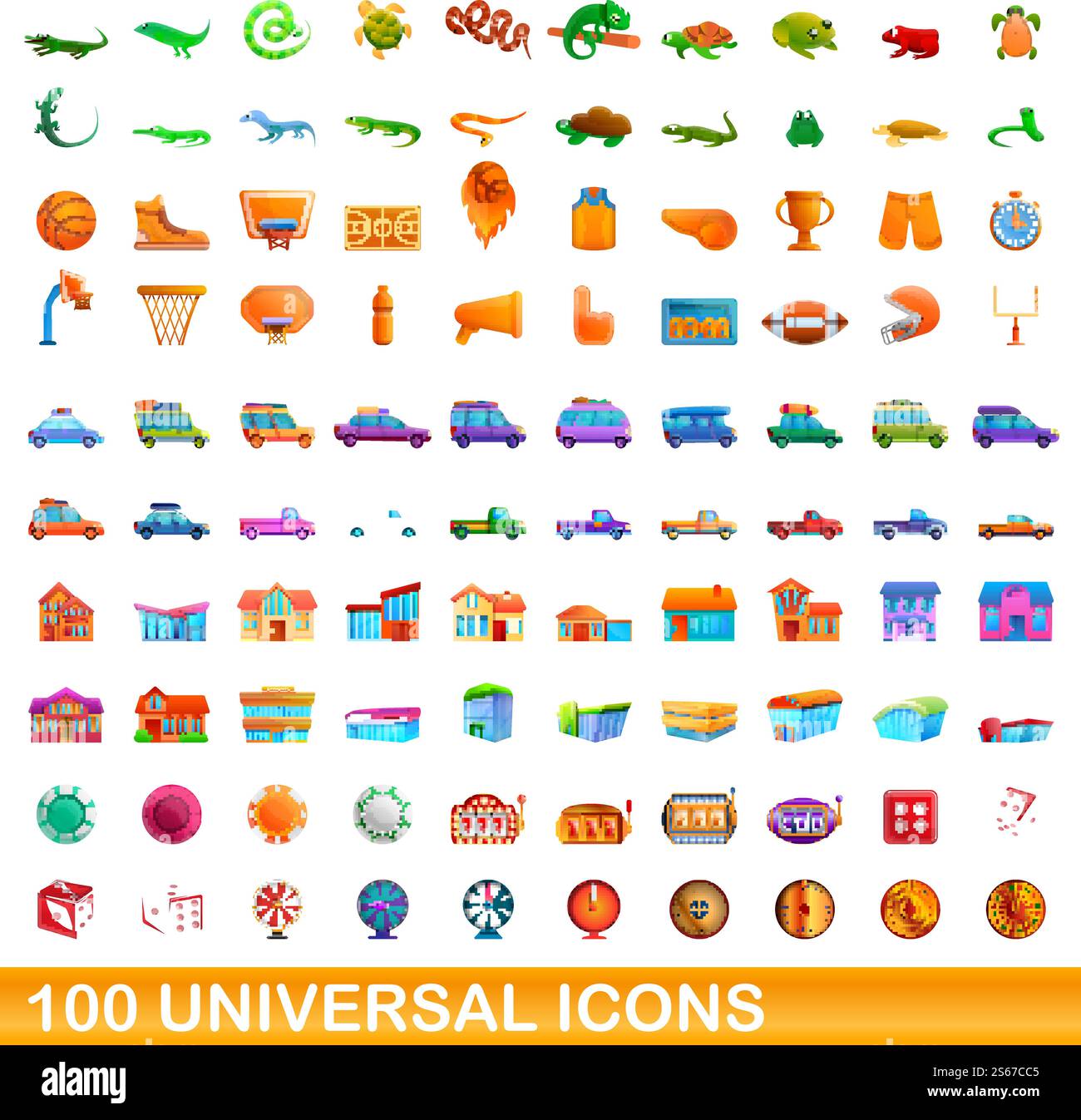 100 universal icons set. Cartoon illustration of 100 universal icons ...