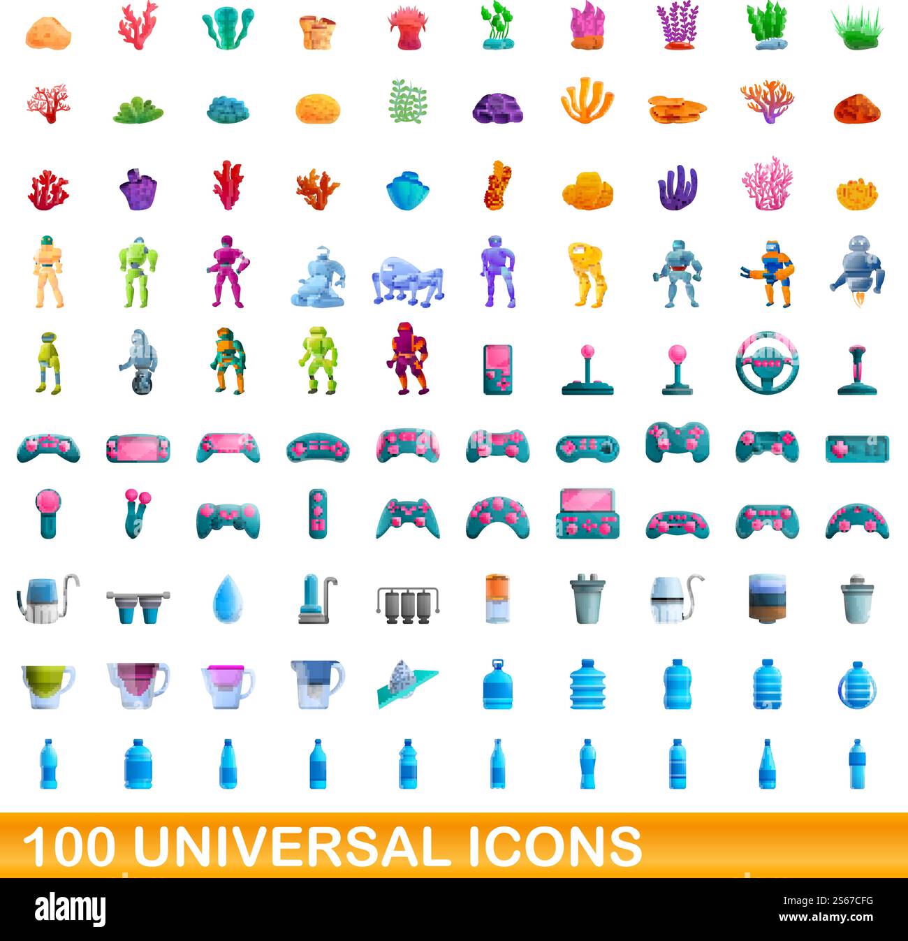 100 universal icons set. Cartoon illustration of 100 universal icons ...