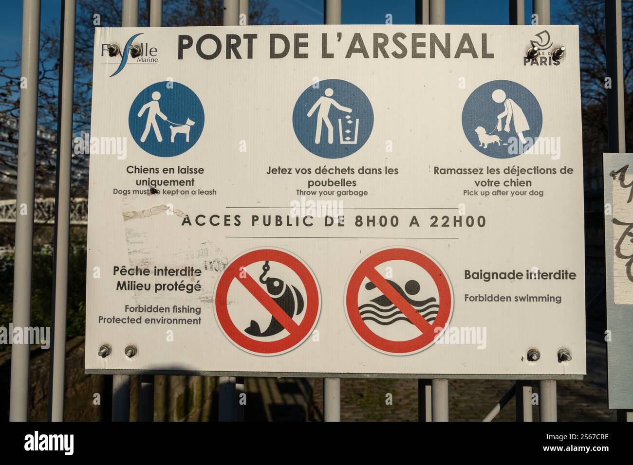 Rules and regulations sign at Port de l'Arsenal in Paris Stock Photo ...