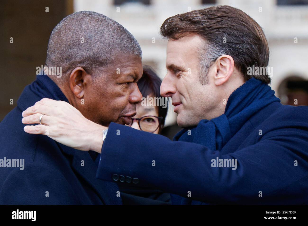 French President Emmanuel Macron, right, greets President of Angola ...