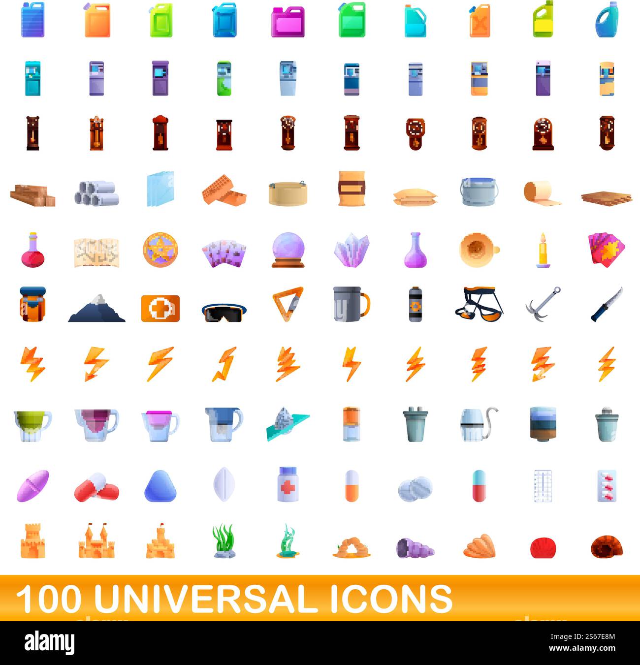 100 universal icons set. Cartoon illustration of 100 universal icons ...