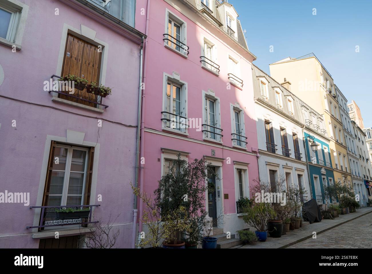Charming pink buildings line a quiet street in a historic neighborhood ...
