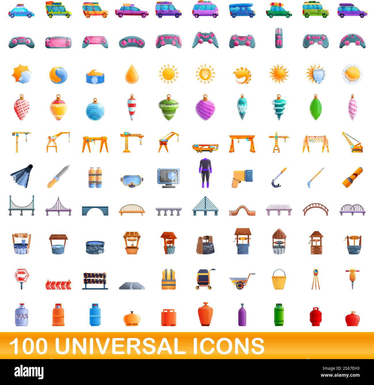 100 universal icons set. Cartoon illustration of 100 universal icons ...