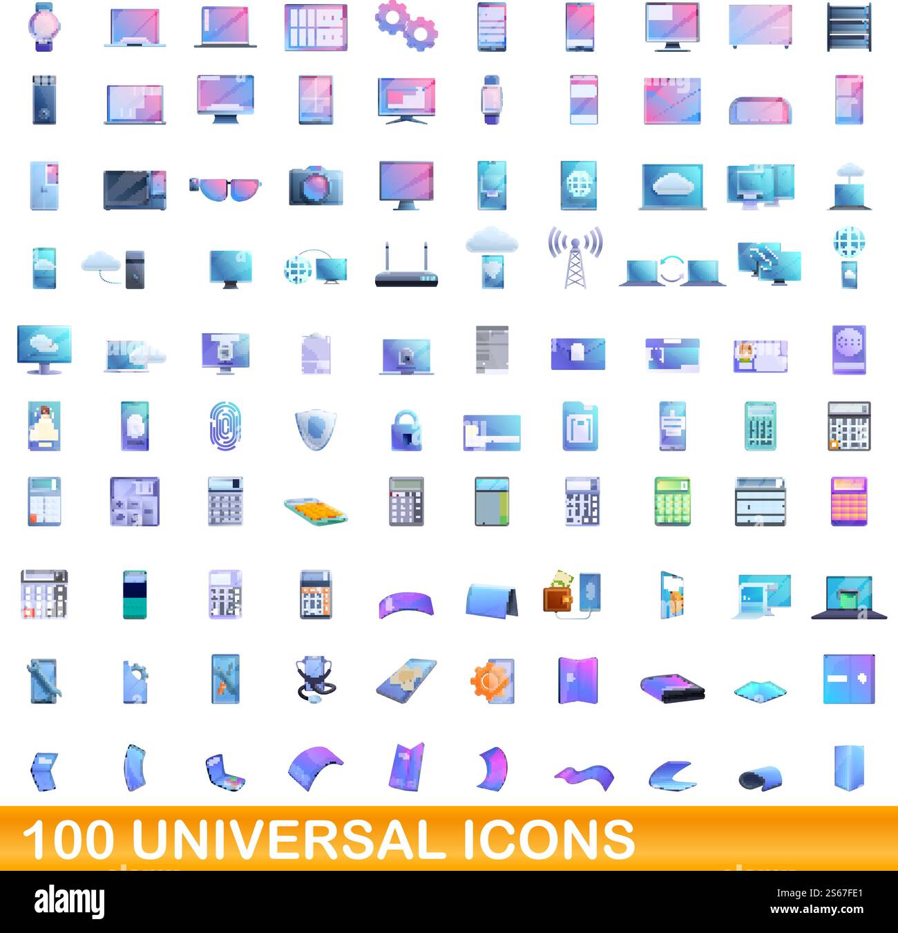 100 universal icons set. Cartoon illustration of 100 universal icons ...