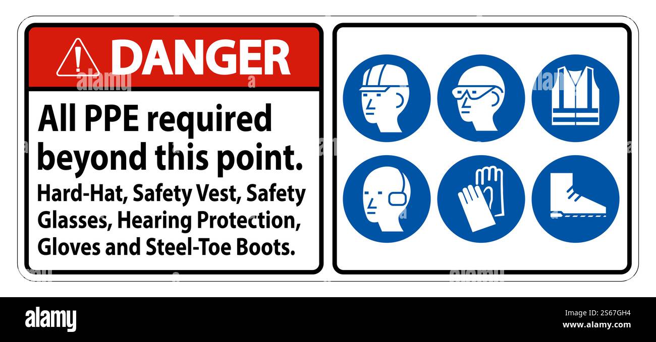 Danger PPE Required Beyond This Point. Hard Hat, Safety Vest, Safety ...